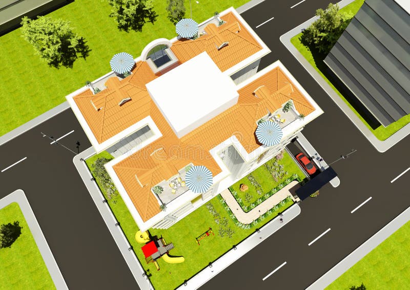 3D Render of Building Top Facade Design Stock Illustration ...