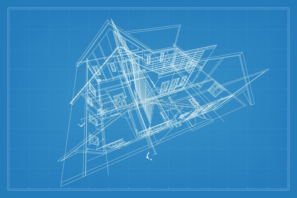 3D Render of Building Wireframe Structure. Perspective Wireframe of ...