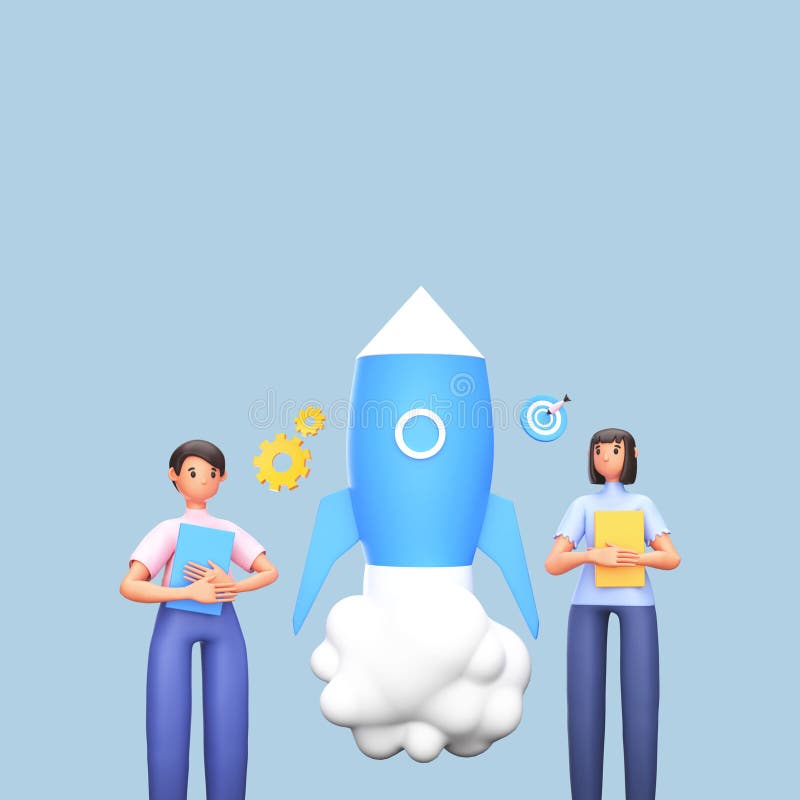 3D Render of Business Man and Woman Launching a Project of Rocket on ...