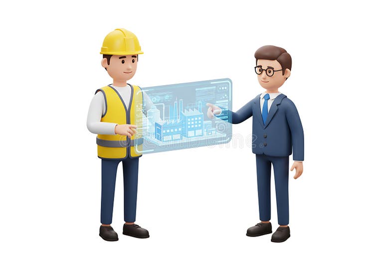 3D Render of Businessman and Engineer Collaborating on Futuristic ...