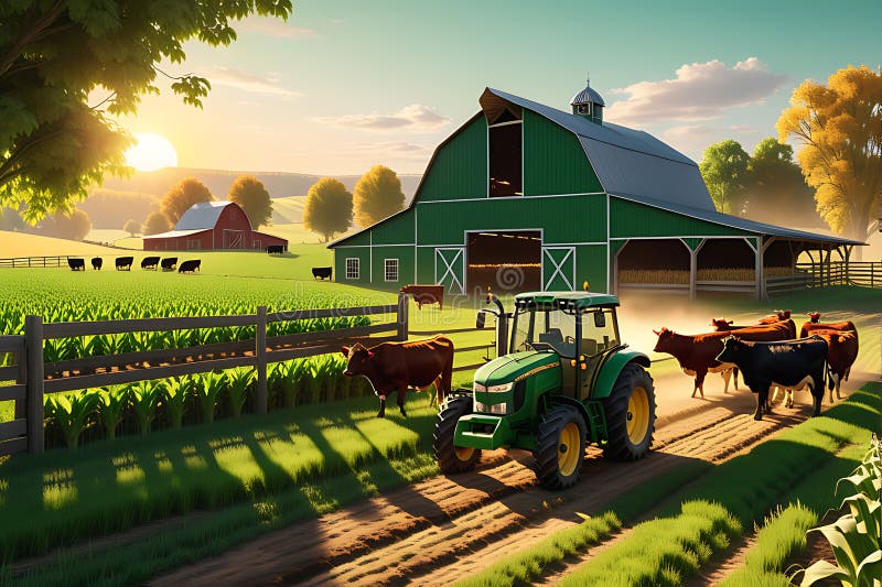 3D Render of a Bustling Farm Life Scene: Cows Grazing in Emerald Green ...