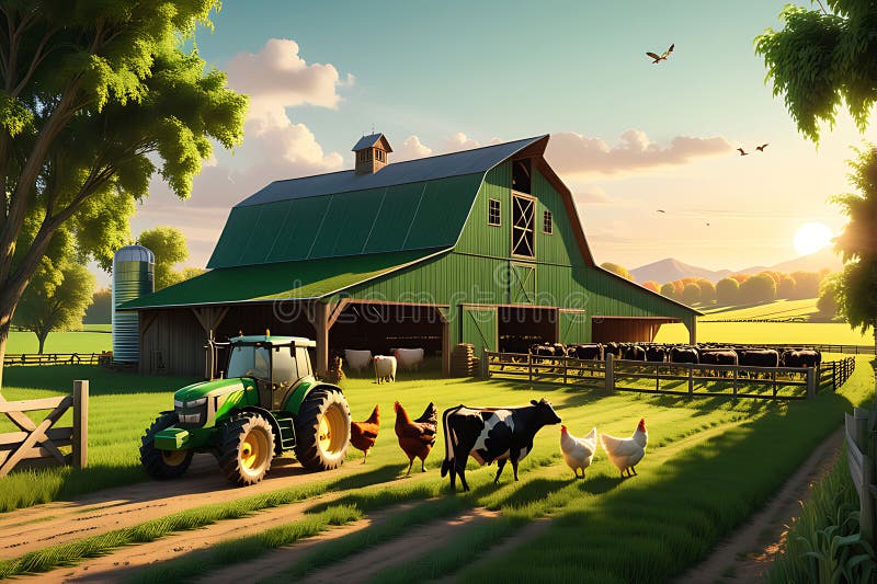 3D Render of a Bustling Farm Life Scene: Cows Grazing in Emerald Green ...