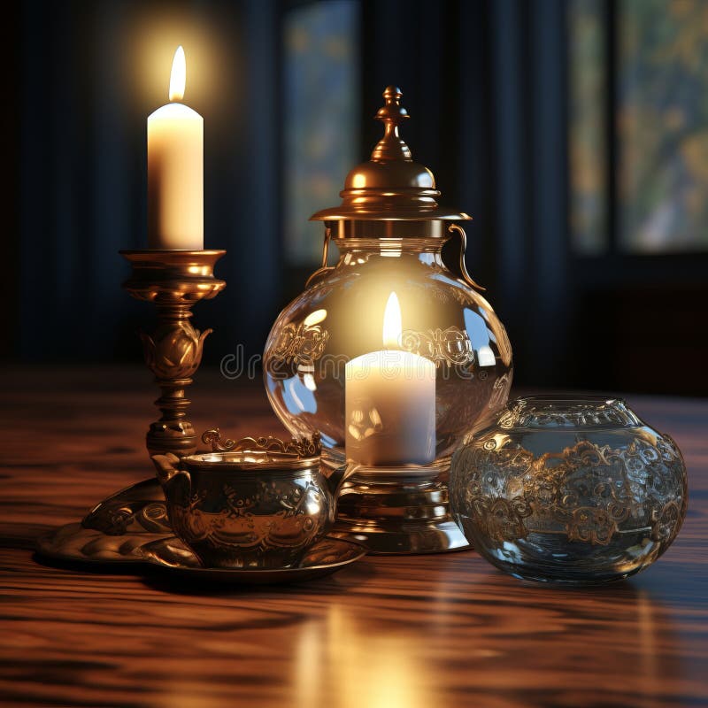 3d Render of a Candle on a Table Next To a Glass Vase Stock ...
