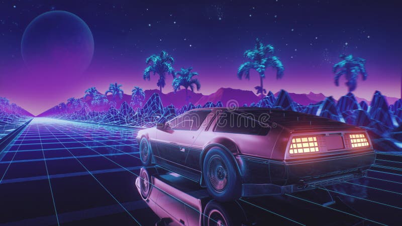 3d Render Car and Background Neon Retro Wave 80s Style Stock ...