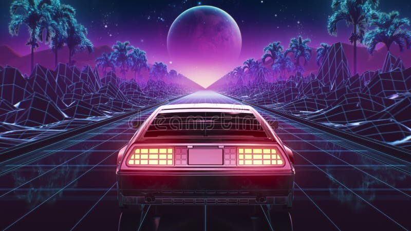 3d Render Car and Background Neon Retro Wave 80s Style Stock ...