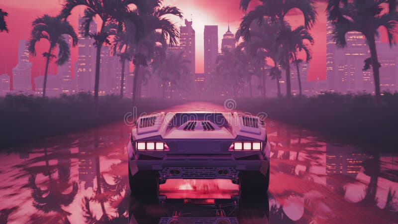 3d Render Car Driving on Wet Asphalt in Retro Style at Sunset Stock ...