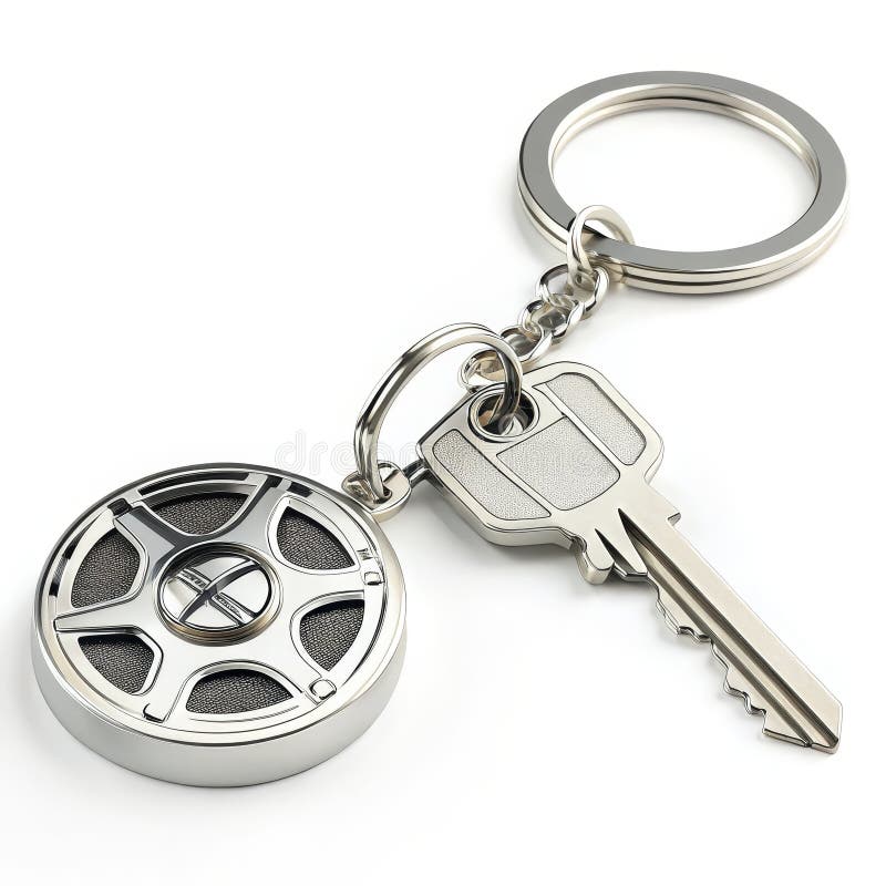 3D Render Car Key Chain with Wheel Design, Isolated on White Background ...