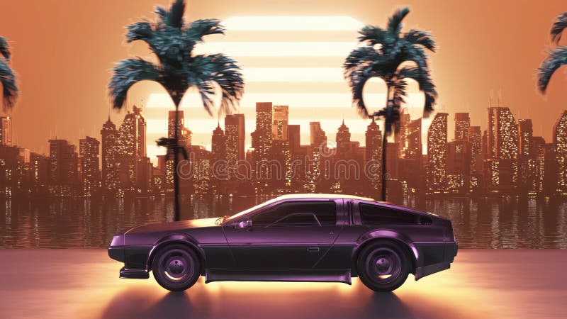 3d Render Car at Sunset Against the Backdrop of the City Retro Wave in ...