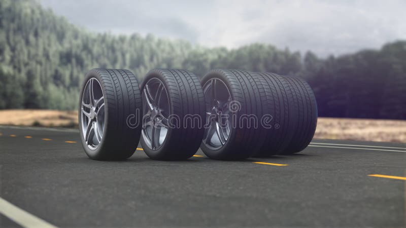 3d Render 4 Car Wheels Driving on the Road Stock Illustration ...