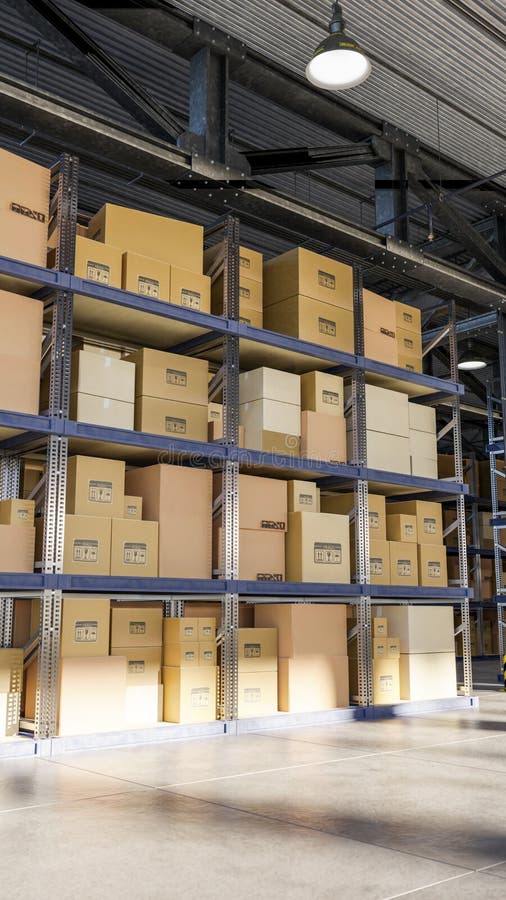 3D Render. Cardboard Boxes on Storage Warehouse Shelves Stock ...
