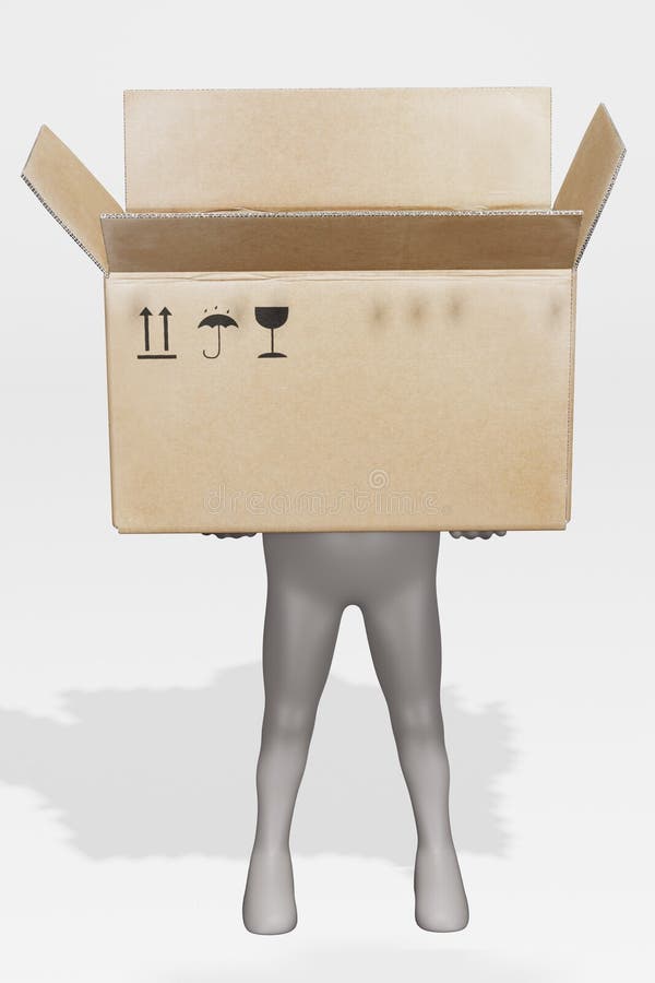 Render of Cartoon Character with Cardboard Box Stock Illustration ...