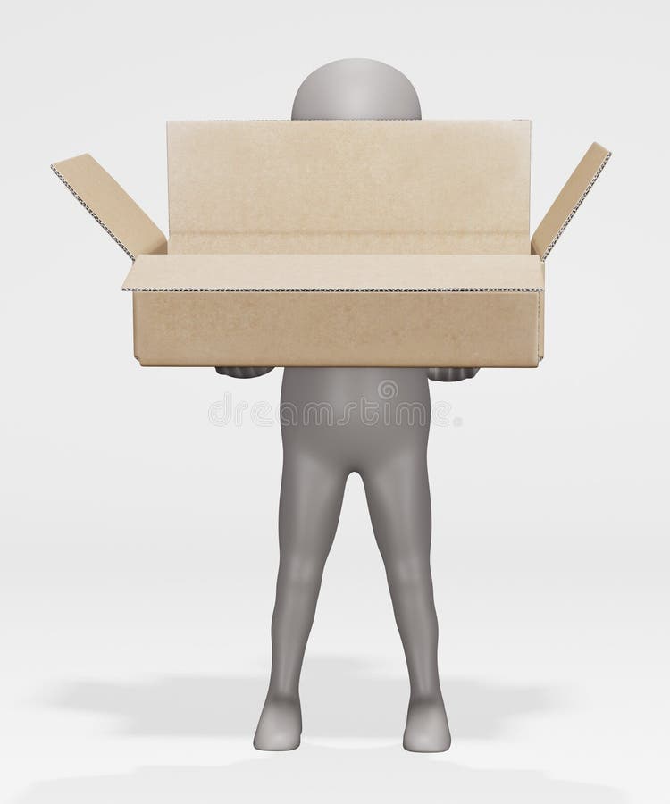 Render of Cartoon Character with Cardboard Box Stock Illustration ...