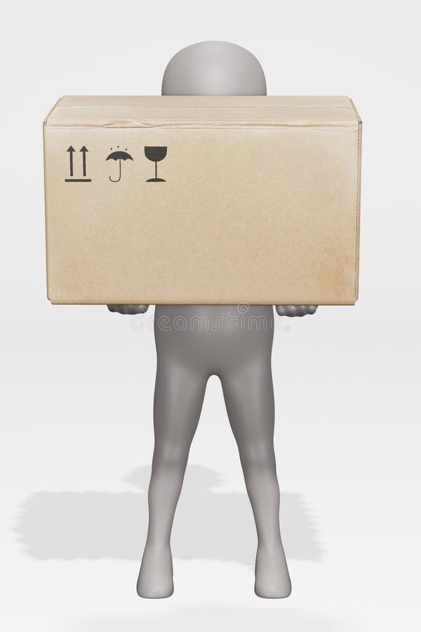 Render of Cartoon Character with Cardboard Box Stock Illustration ...