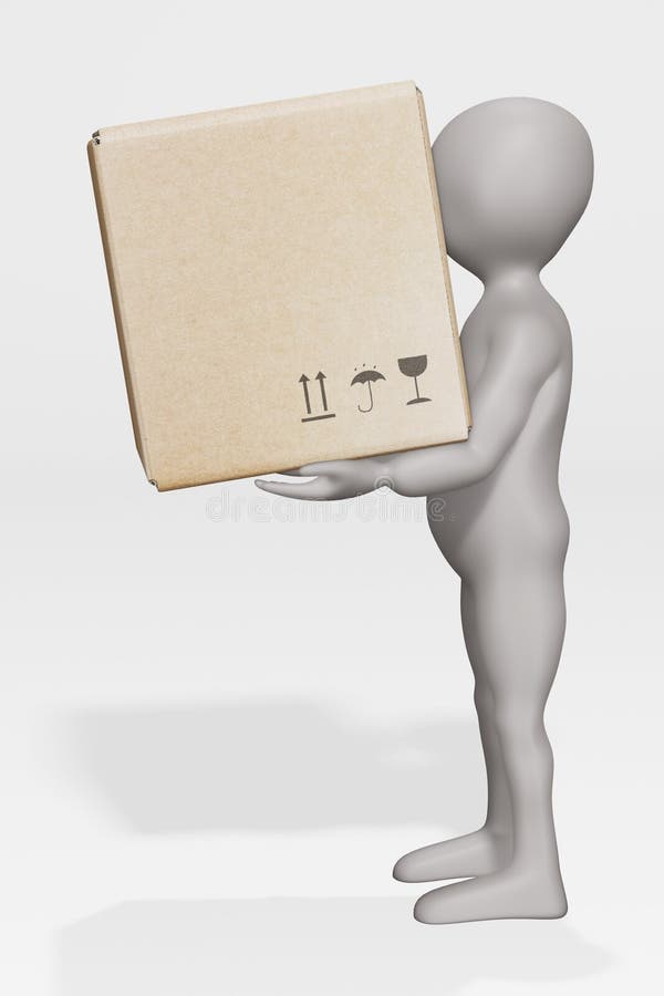 Render of Cartoon Character with Cardboard Box Stock Illustration ...