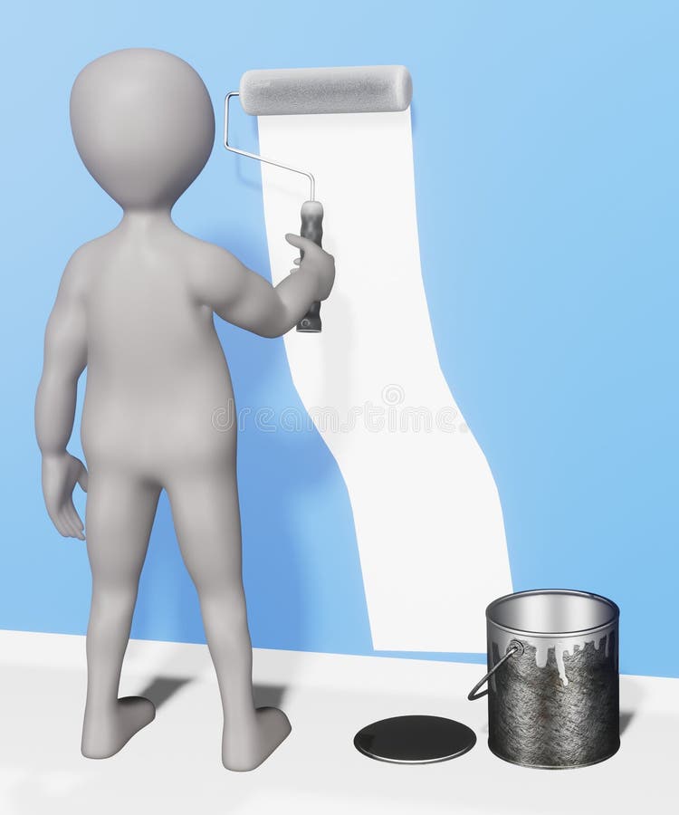 Render of Cartoon Character Painting with Roller Stock Illustration ...