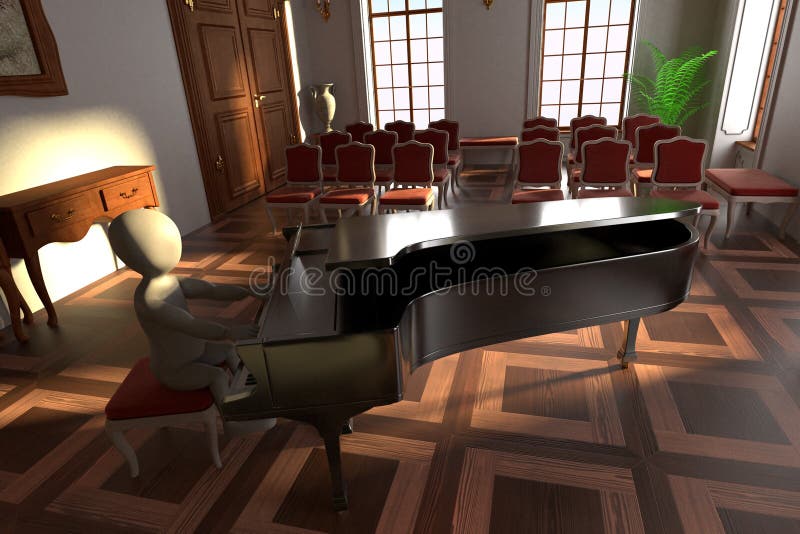 Render Of Cartoon Character Playing Piano In Hall Stock Illustration