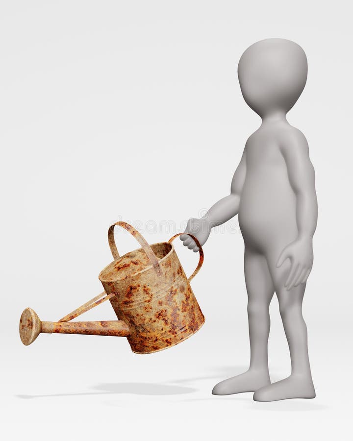 Render of Cartoon Character with Rusty Watering Can Stock Illustration ...