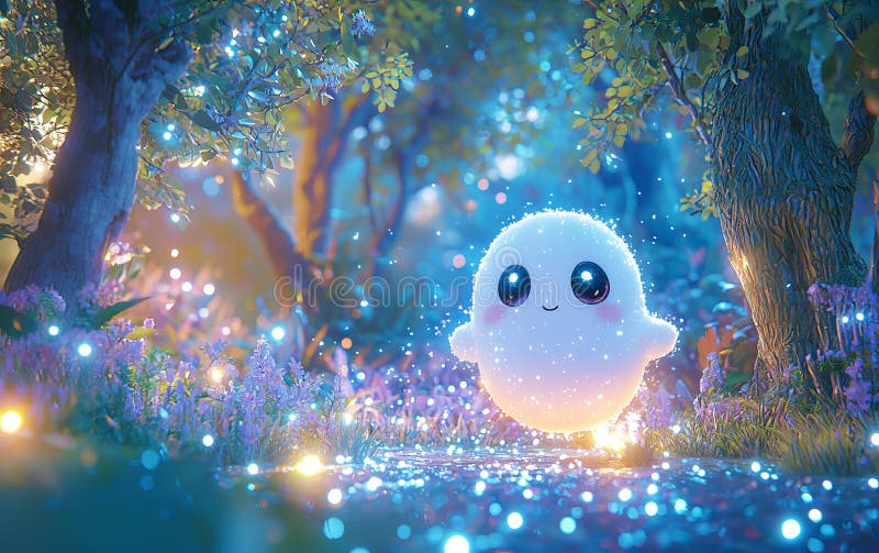 Cute Cartoon Ghost in a Magical Forest 3D Render with Glowing Lights ...