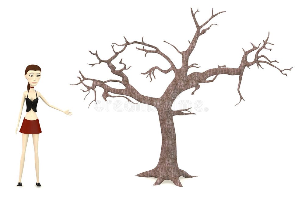 Cartoon Girl with Dead Tree Stock Illustration - Illustration of render ...