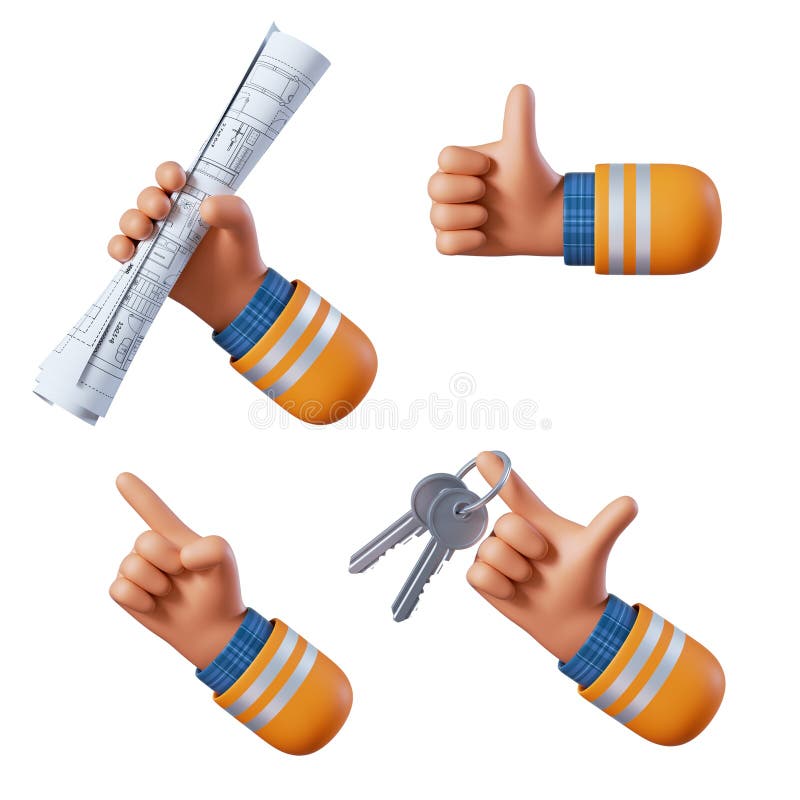 3d Render, Cartoon Human Arms Hold Keys and Blueprint Scroll ...