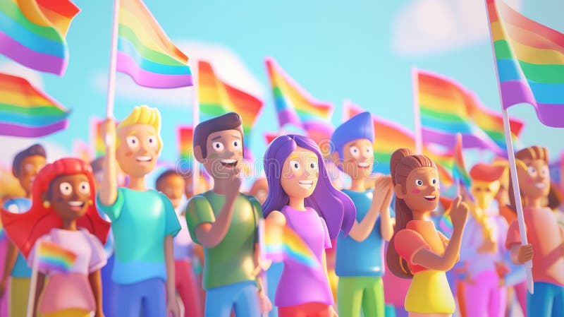 3D Render of Cartoon LGBTQ Community Gathering with Rainbow Flags ...