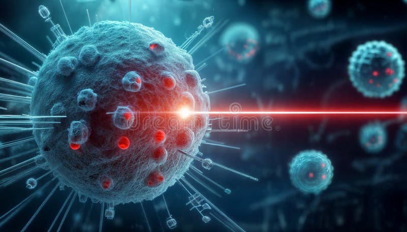 3D Render of Cell Impacted by Laser in Scientific Setting Stock ...