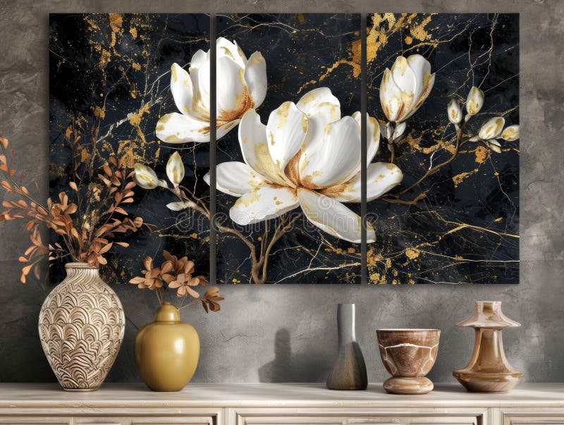 3d Render of Ceramic Vase with White Magnolia Flowers on Black Marble ...