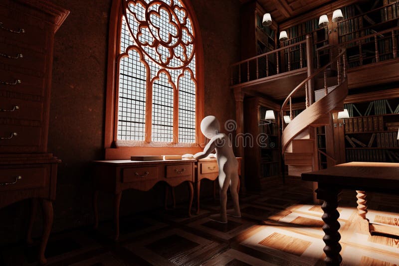 Render of Character in Old Library Stock Illustration - Illustration of ...