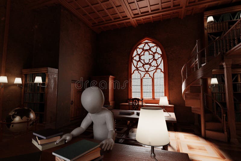 Render of Character in Old Library Stock Illustration - Illustration of ...