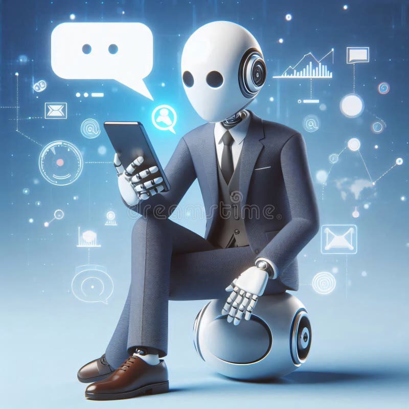 3D Render of Chat Bot Concept in a Formal Suit Working on a Phone Stock ...