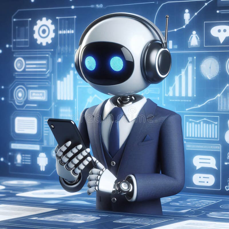 3D Render of Chat Bot Concept in a Formal Suit Working on a Phone Stock ...