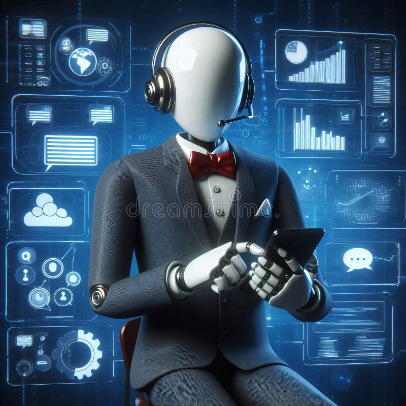 3D Render of Chat Bot Concept in a Formal Suit Working on a Phone Stock ...