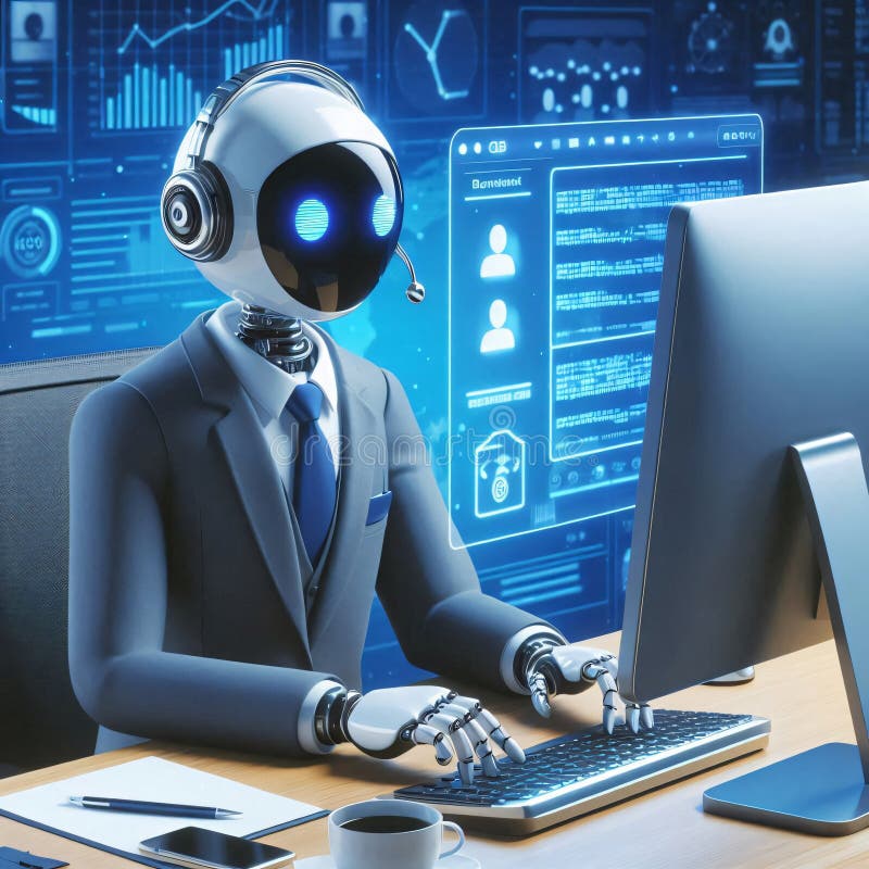 3D Render of Chatbot Concept in a Formal Suit Working on a Computer ...