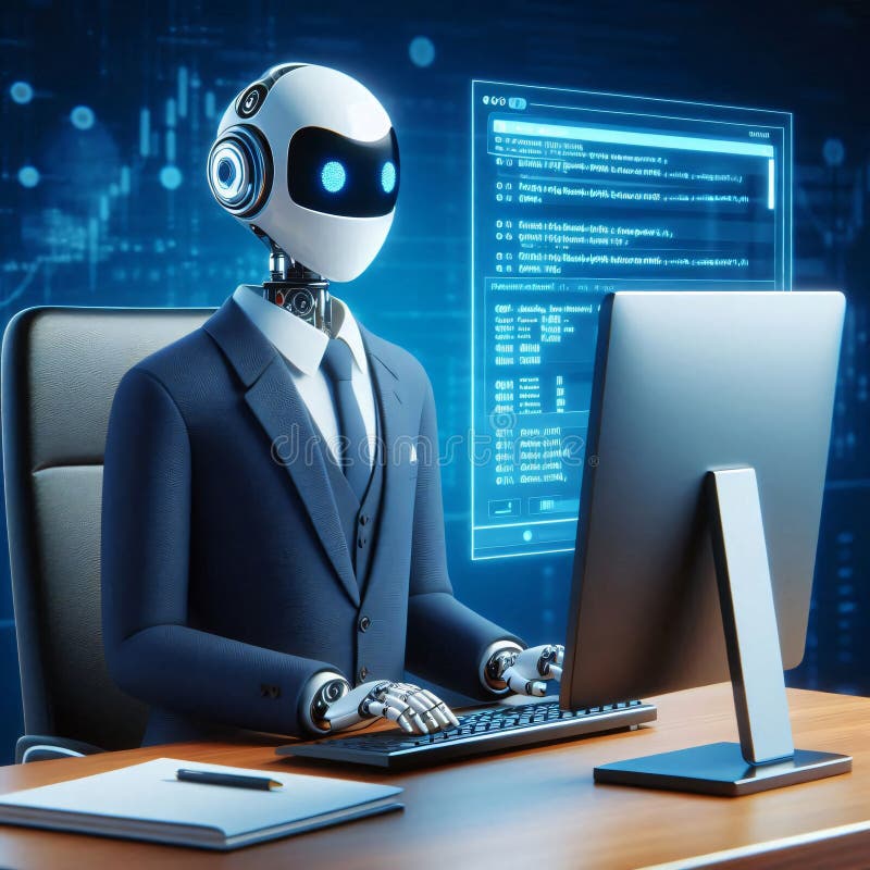 3D Render of Chatbot Concept in a Formal Suit Working on a Computer ...