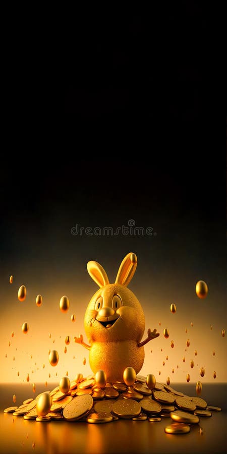 3D Render of Cheerful Cute Golden Rabbit Character with Flying Gold ...