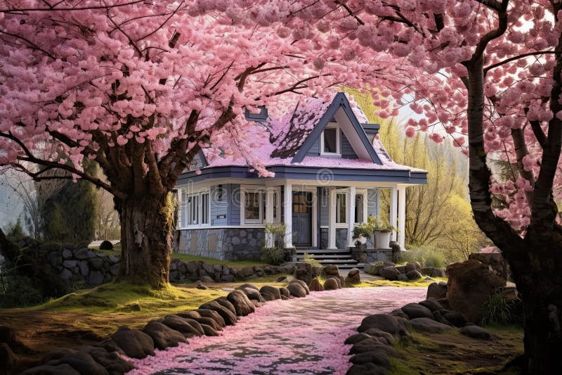 3D Render of Cherry Blossom in Spring with Beautiful House, AI ...