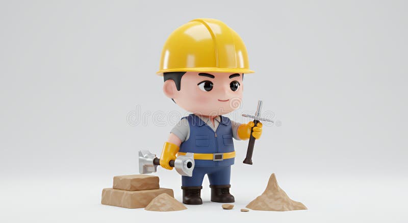 3D Render of a Cute Chibi Korean Construction Worker with Tools Stock ...
