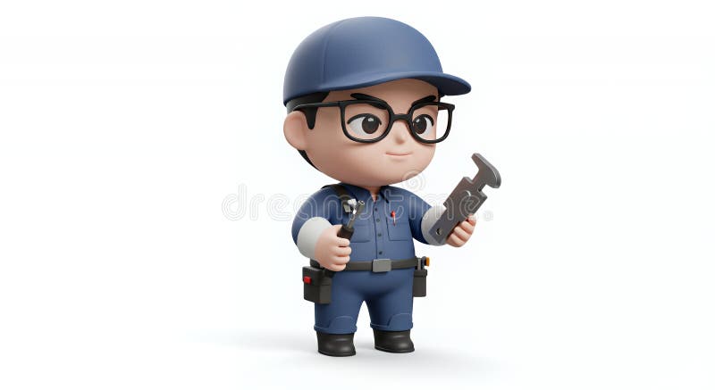 3D Render of a Chibi Korean Tool and Die Maker in Blue Uniform Holding ...