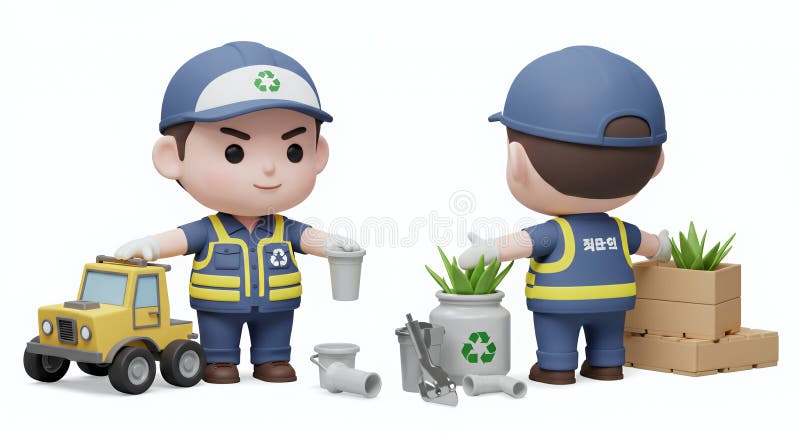 Chibi Korean Recycling Worker 3D Render: Cute Cartoon Character in Blue ...