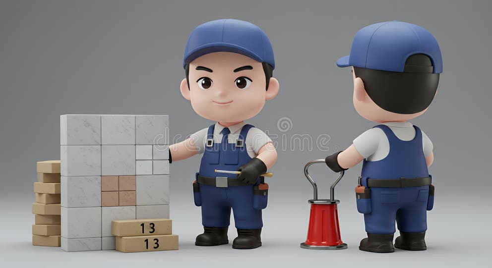 Chibi Korean Tile Setter 3D Render: Blue Overalls, Tools, and Tile ...