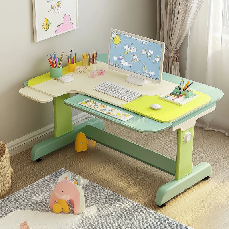3d Render of a Children S Designer Desktop with Computer and Stationery ...