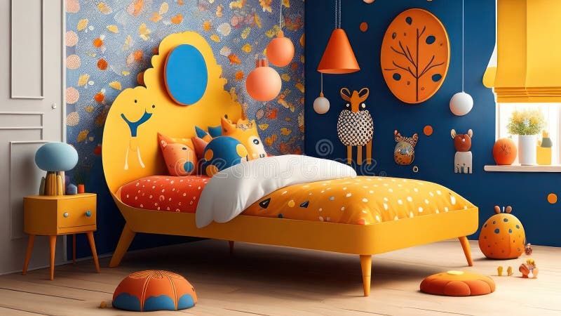 3d Render of Children S Room with Yellow Bed and Toys Stock ...