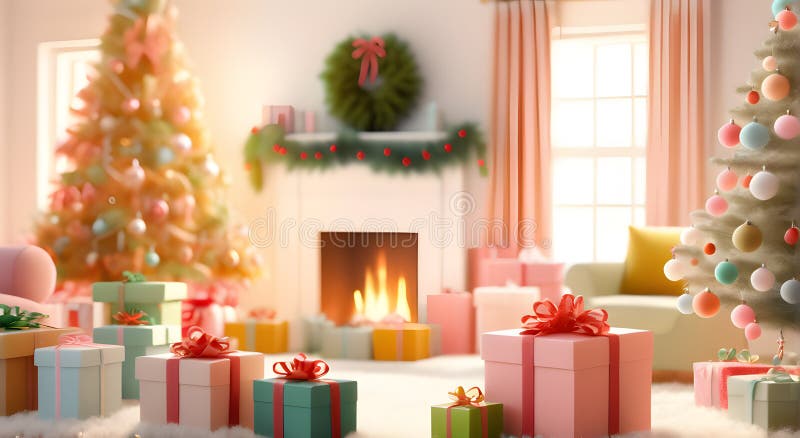 3d Render of Christmas Presents and Christmas Tree with Fireplace Stock ...