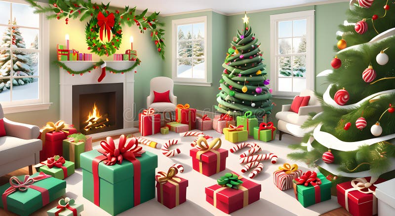 3d Render of Christmas Presents and Christmas Tree with Fireplace Stock ...