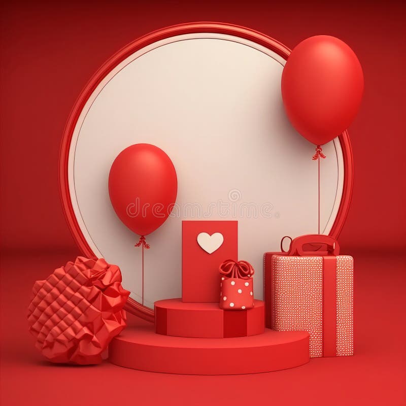 3D Render of Circular Frame with Podium, Balloons, Gift Boxes, Message ...