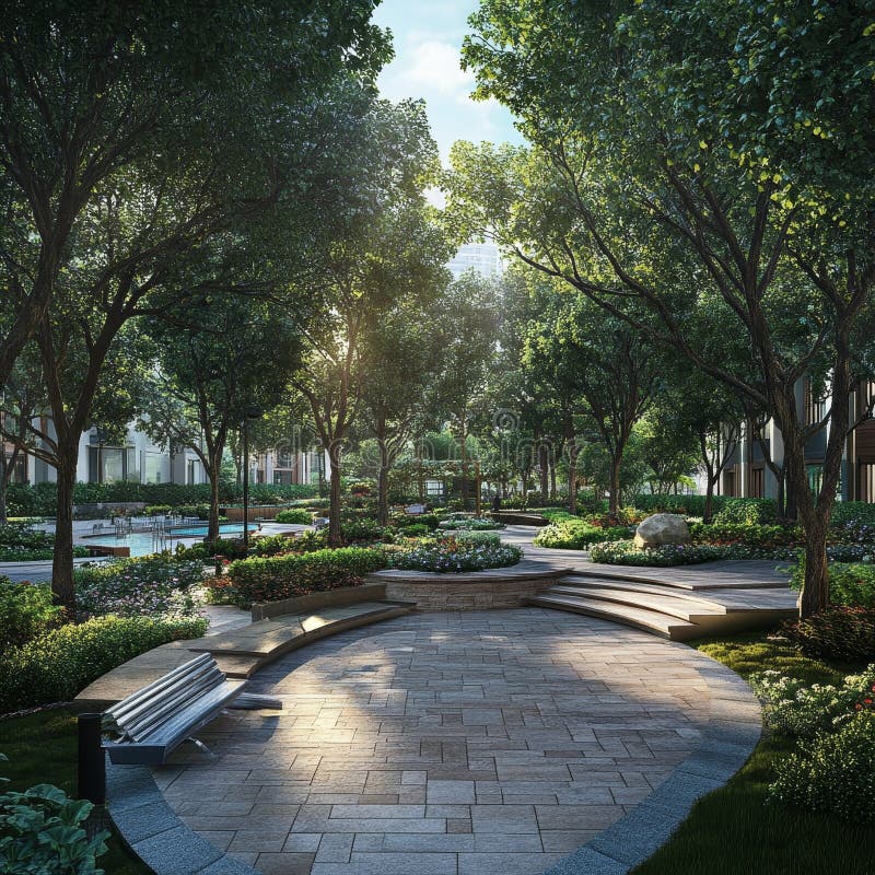 3d Render of Circular Stone Pathway in the Park with Tree and Grass ...