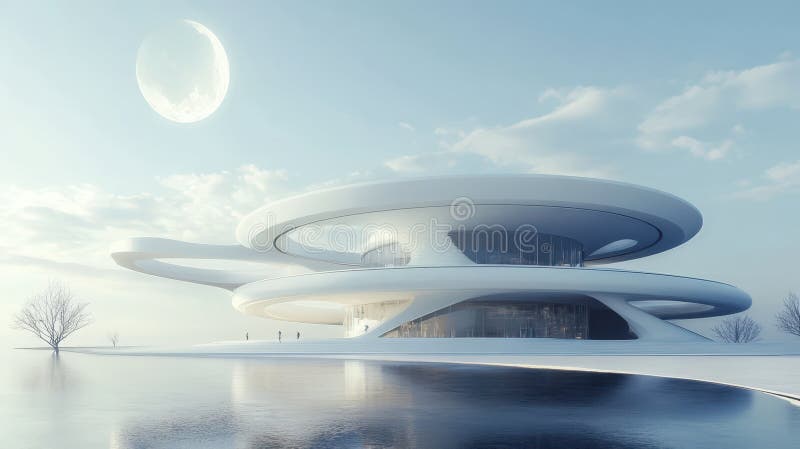 3D Render of a Circular White Building with a Futuristic Architectural ...