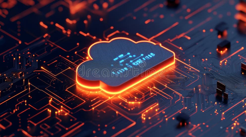 3d Render of Cloud Computing on Microchip Circuit Board for Digital Transformation Technology ...