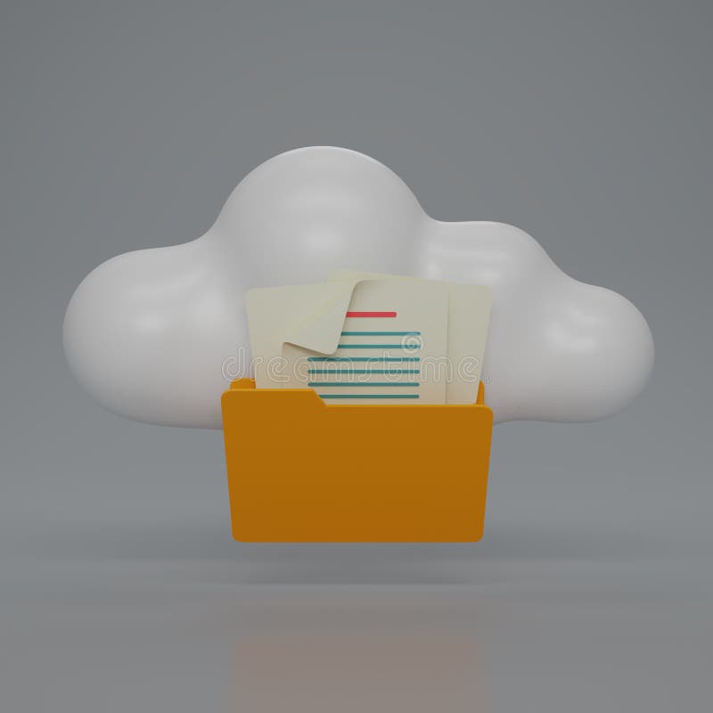 3D Render Cloud Storage with Folder Text Document Icon Isolate on Gray ...