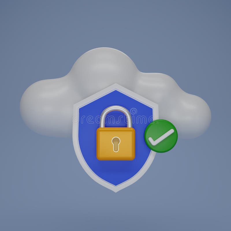 3D Render Cloud Storage with Shield and Padlock Isolate on Blue ...